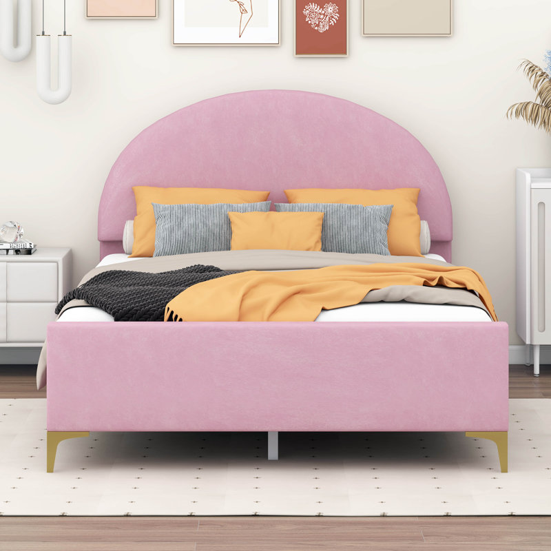 Mercer41 Nayte Full Size Upholstered Platform Bed with Semi Circle Shaped headboard and Metal Legs